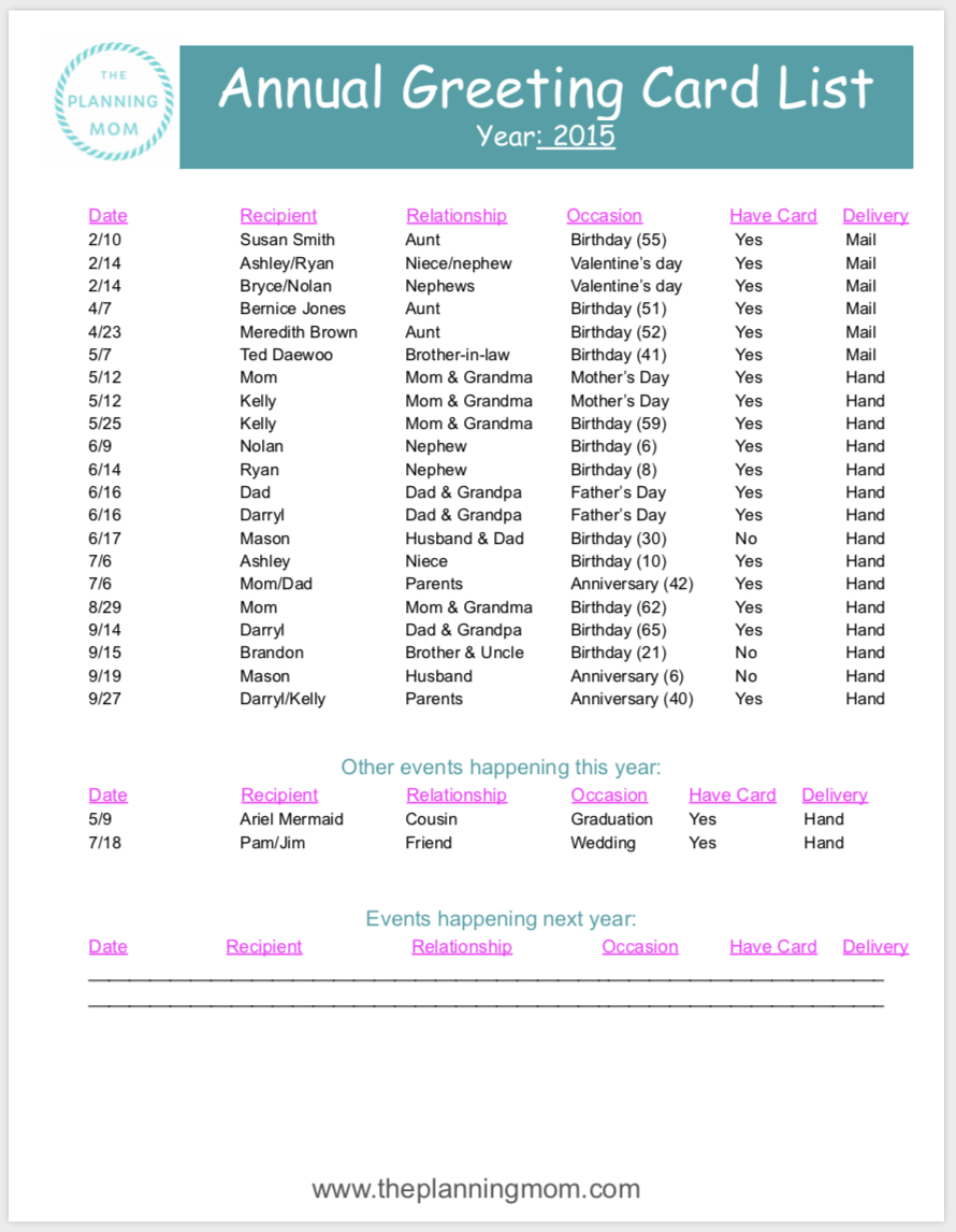 Create and Organize a Greeting Card List for the Year - The Planning Mom